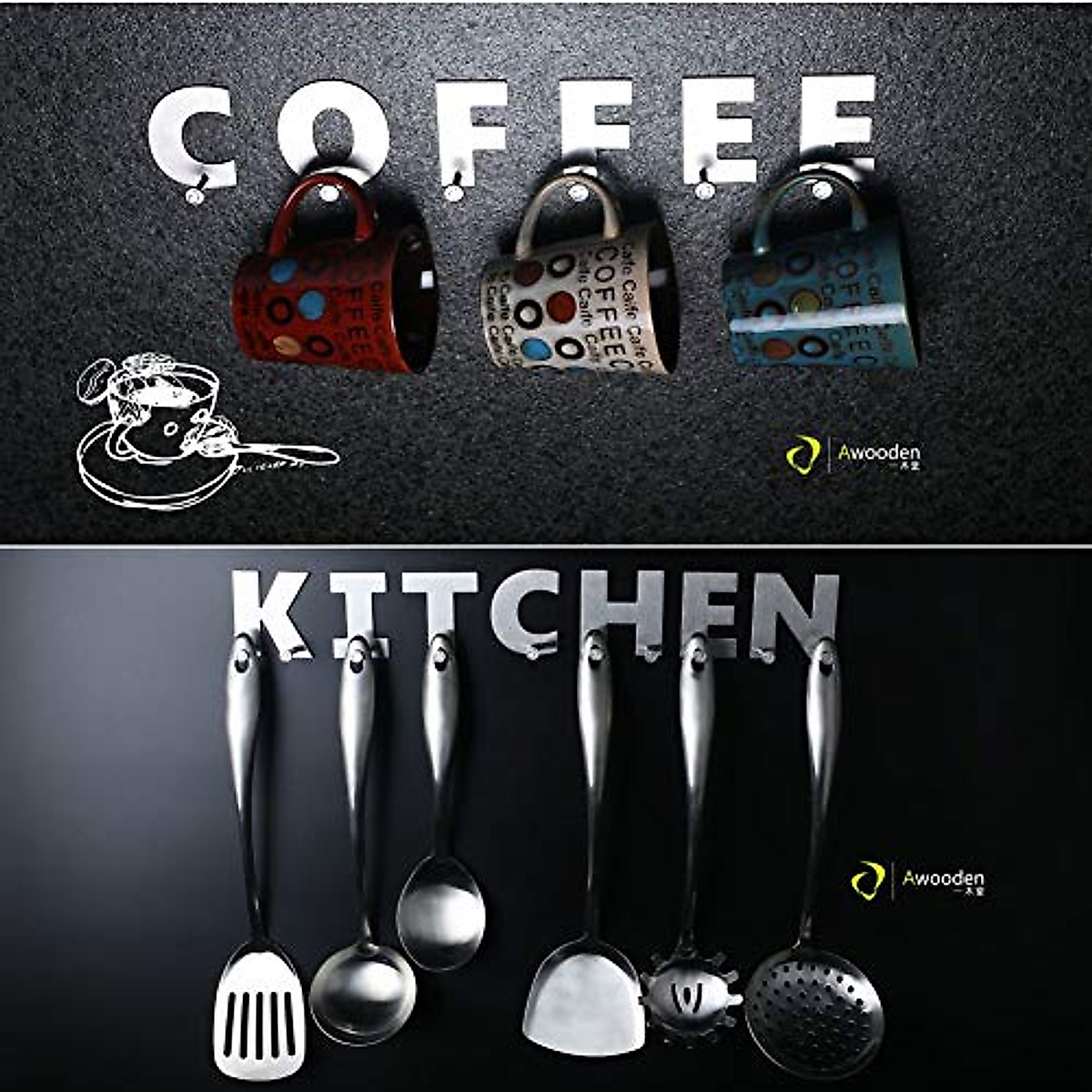 Awooden Letter Decoration Coat Robe Towel Hook Stainless Steel Multifunctional Clothes Hook for Bathroom Kitchen (A),Silver