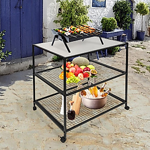Mobile Outdoor Grill Cart, 3-Tier Stainless Steel Work Cart Table Dining Cart Table for Pizza Oven Outdoor Cart Grill Stand Trolley Table for Home, Backyard and Outdoor, Black