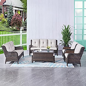 Rilyson Outdoor Loveseat Wicker Patio Sofa - 2-Seat Rattan Outdoor Couch Patio Furniture with Deep Seating and Cushions for Porch Deck Balcony(Brown/Beige)