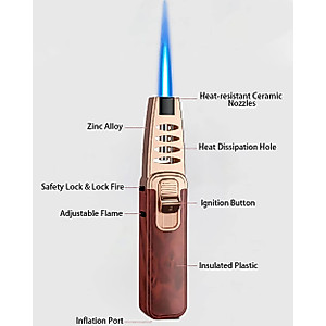 Butane Torch Lighter Refillable Windproof Cooking Lighters with Safety Lock and Adjustable Jet Flame for Candle Fireplace Kitchen Camping Grill Outdoor (Red Mahogany)