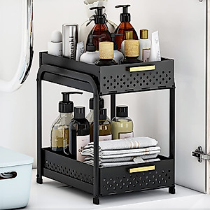 GILLAS 2 Pack 2 Tier Under Sink Organizer and Storage, Farmhouse Under Counter Storage for Kitchen, Under Cabinet Organizer for Bathroom, Sliding Basket Organizer, Black