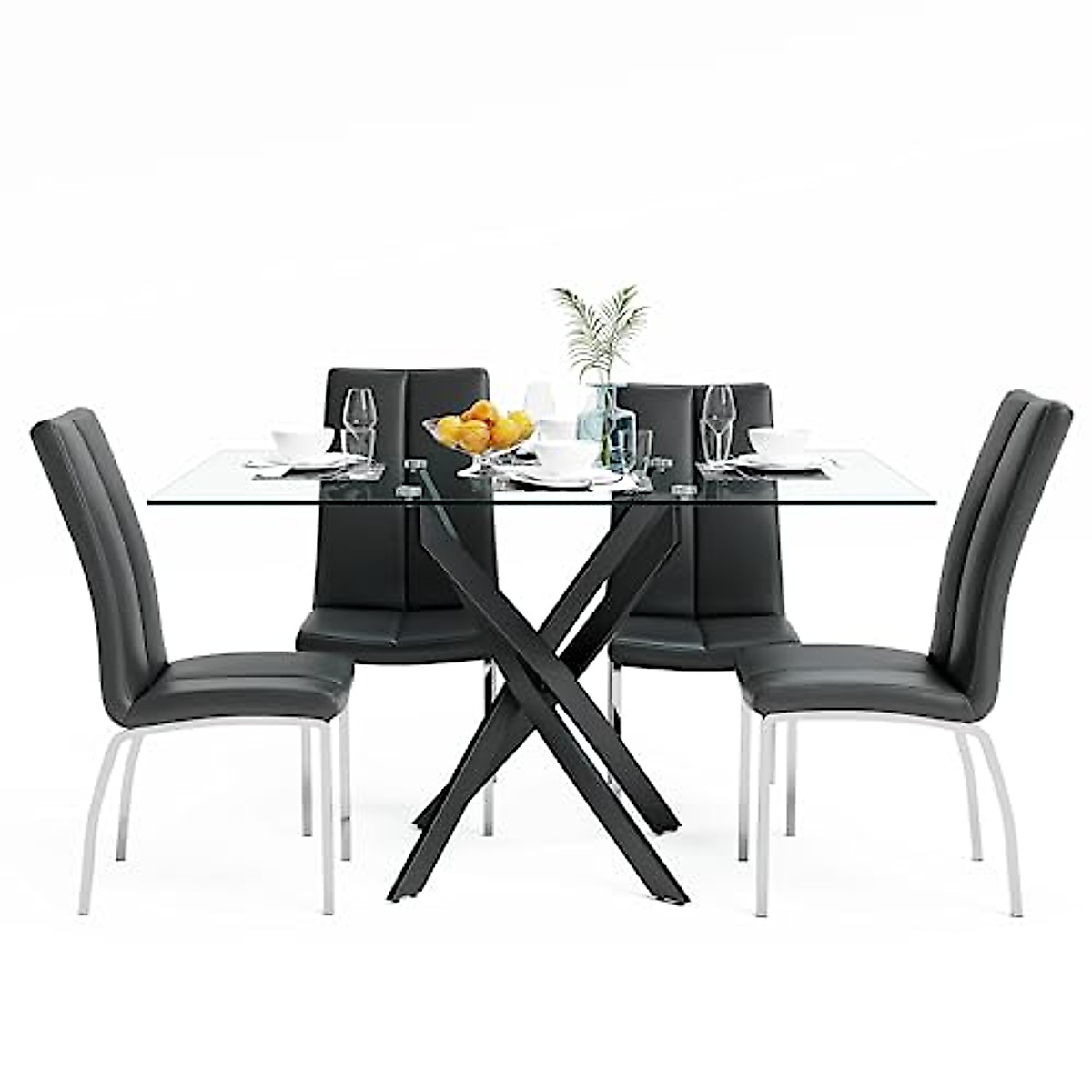 NIERN Tempered Glass Dining Table with Black Metal Legs, 47" Modern Rectangular Kitchen Table for Dining Room Kitchen,Black