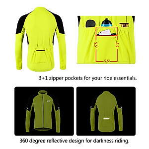 BERGRISAR Cycling Jersey Mens Long Sleeves Mountain Bike Shirts with Zipper Pockets Yellow Size Medium