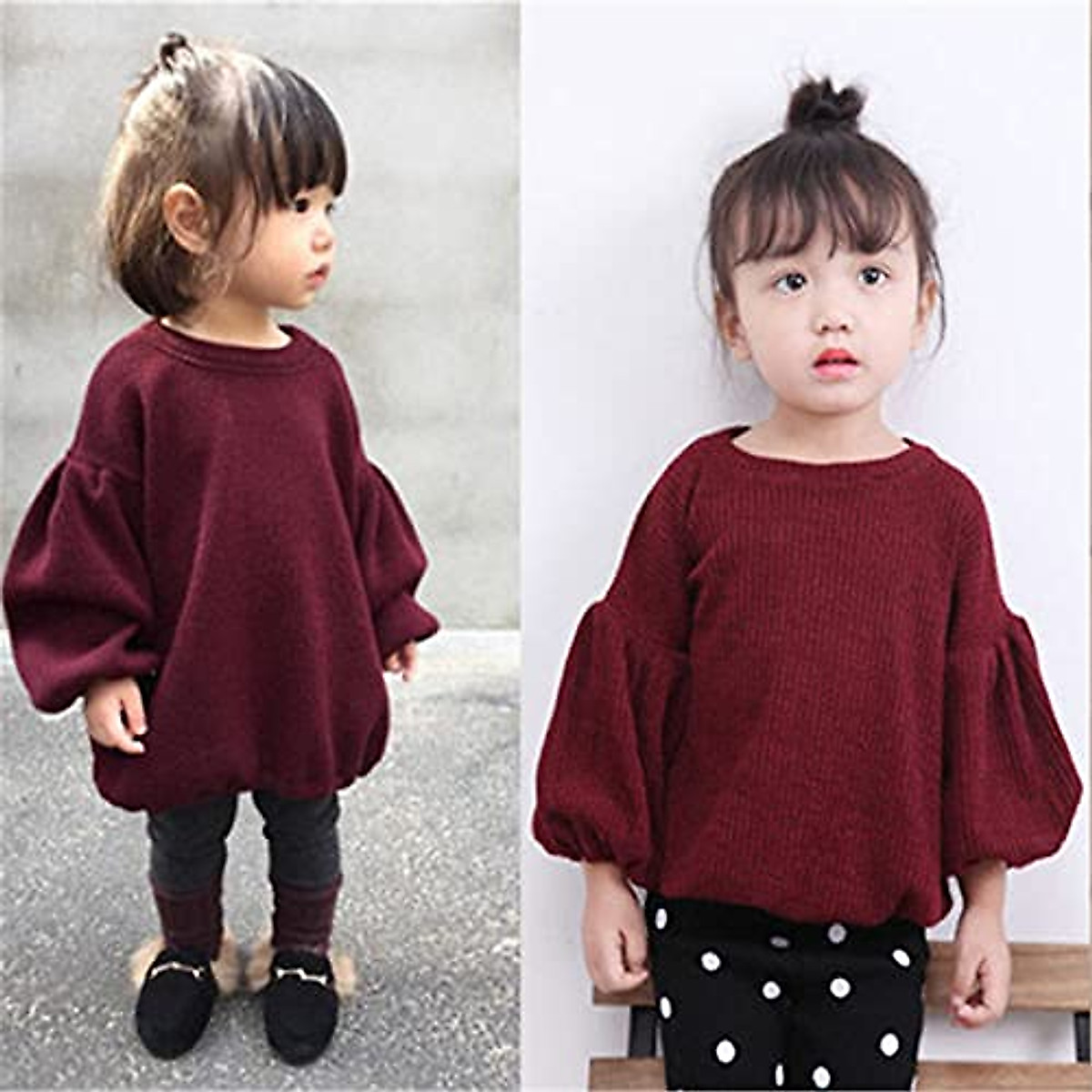 Toddler Baby Girl Knitted Sweater Kid Lentern Sleeve Ruffle Warm Spring Fall Winter Pullover Tops Outfits (Wine Red, 2-3T)