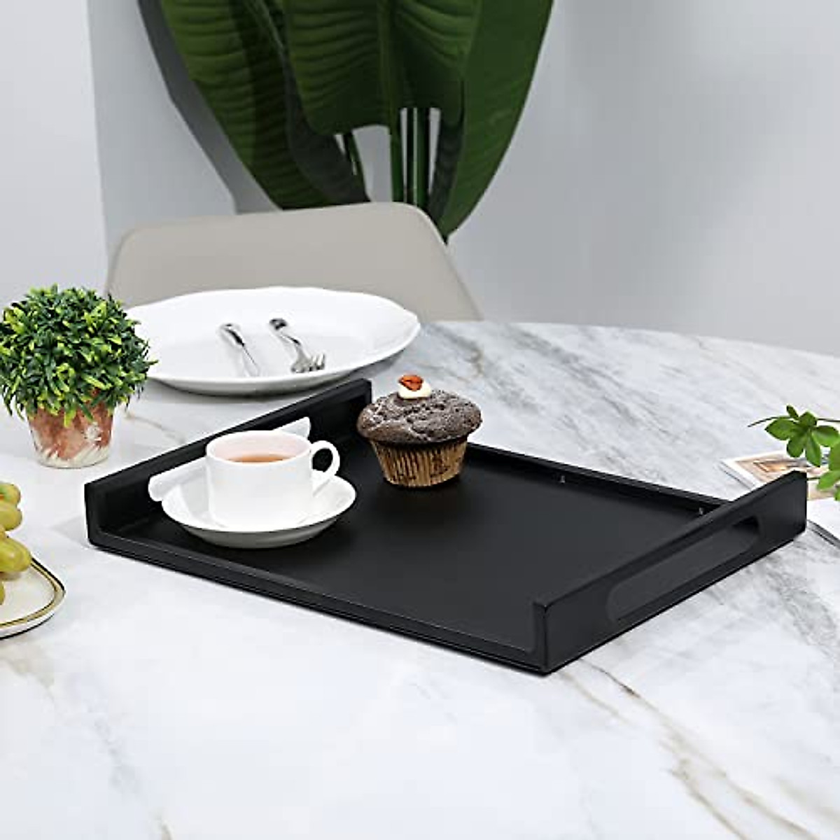 MyGift Large Modern Matte Black Metal Serving Tray, 12 x 16 inch Decorative Coffee Table Ottoman Tray with Curved Cutout Handles