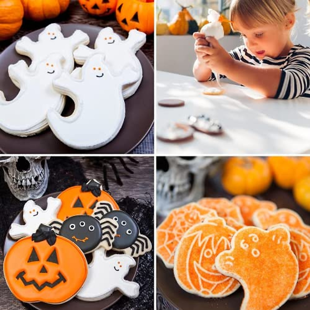 Crethinkaty Halloween Cookie Cutters Set 5 Piece Halloween Biscuit Cutters Stainless Steel with Protective Silicone Edge for Baking - Pumpkin, Bat, Ghost, Cat and Witch Hat
