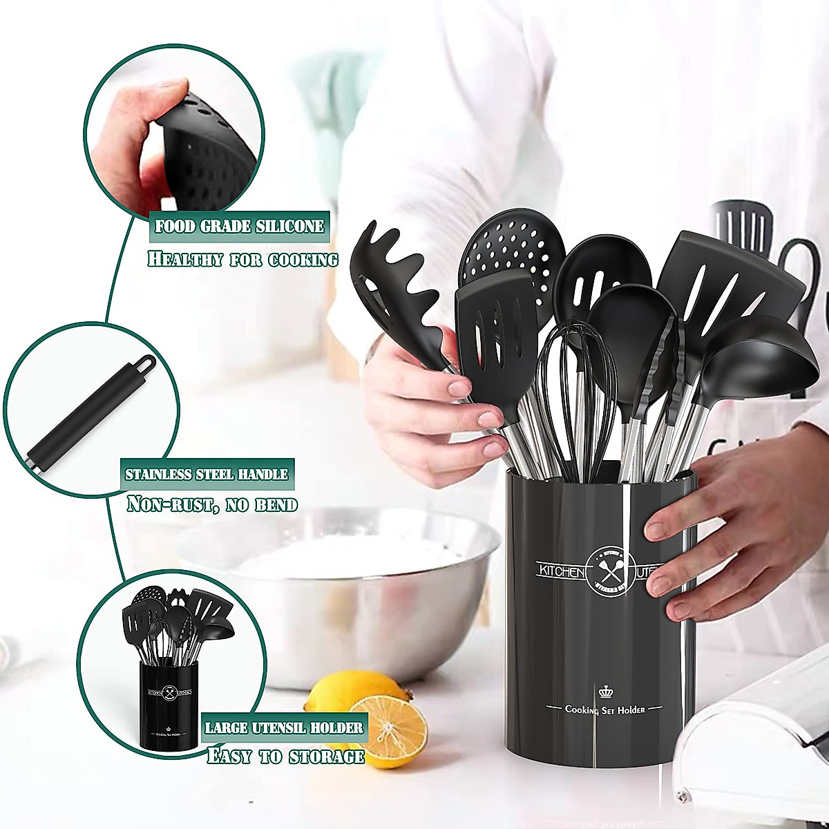 Silicone Kitchen Cooking Utensils Set-Umite Chef 43 pcs Heat Resistant Kitchen Utensils, Black Kitchen Gadgets Tools Set with Stainless Steel Handles for Non-Stick Cookware