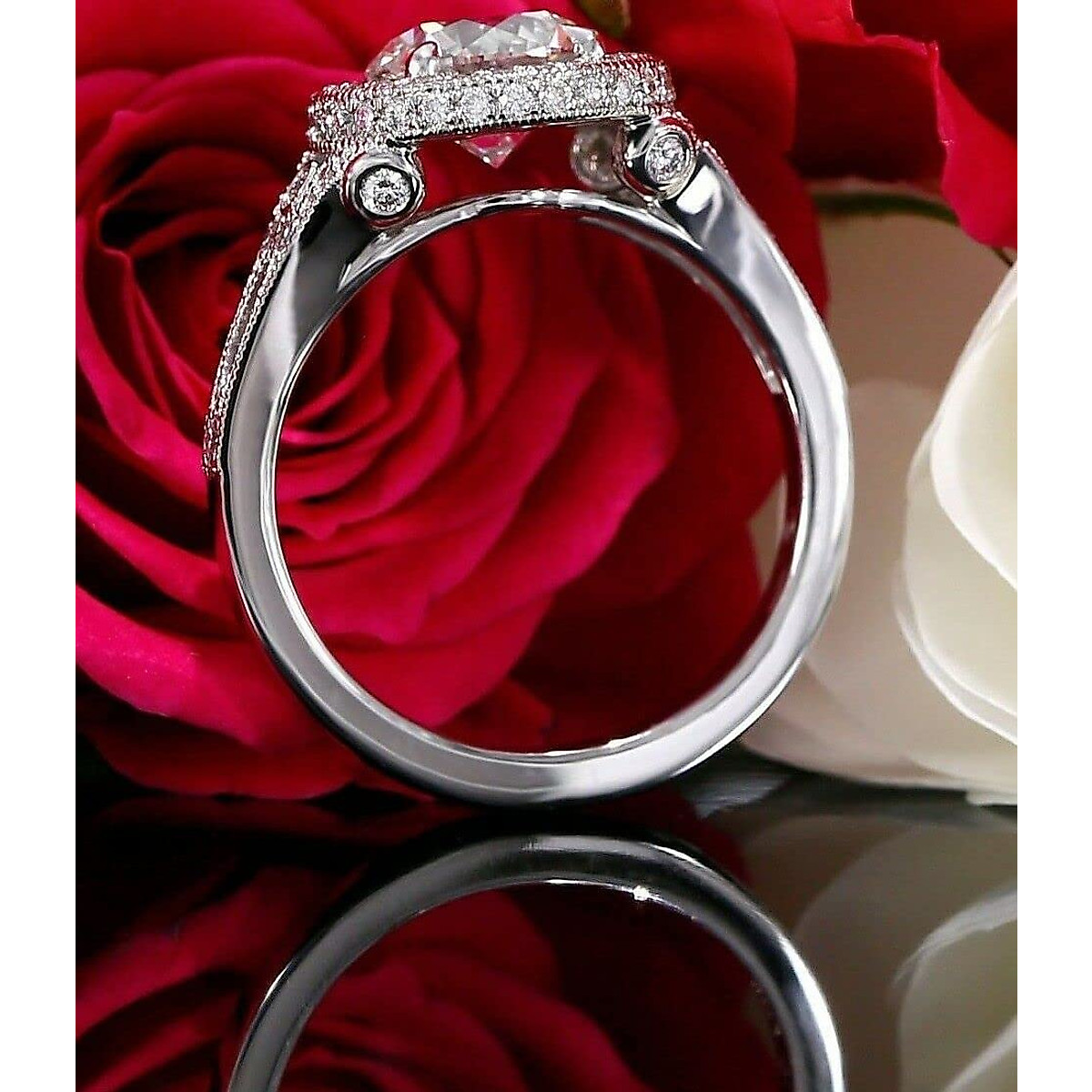 BeBold 2.5ct Round Cut Simulated Diamond CZ Halo Milgrain Engagement Ring for Women White Gold Plated Stylish