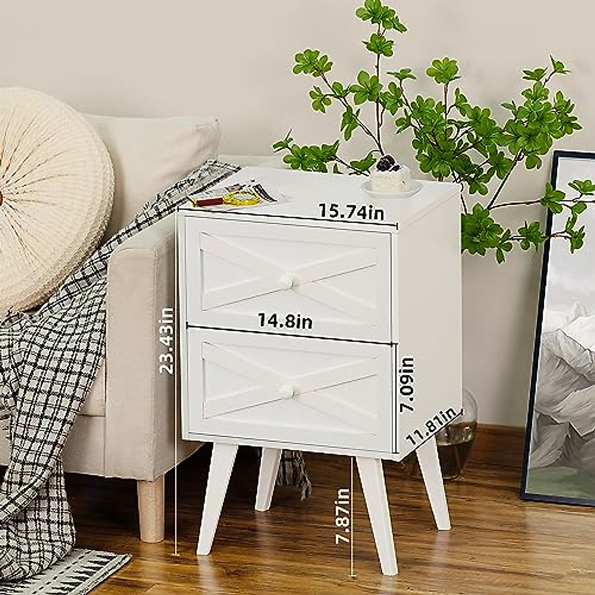 Lerliuo White Nightstand, Bed Side Table with 2 Drawers Barn Door, Solid Wooden Legs Night Stand, Mid Century Modern End Table Storage Wood Cabinet Dresser for Bedroom, Living Room, Dorm