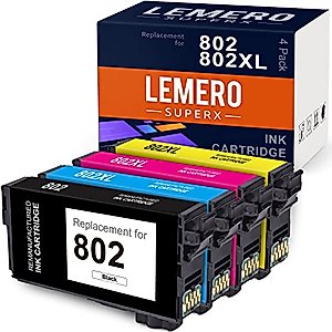 LemeroSuperx 802 Remanufactured Ink Cartridges Replacement for Epson 802XL T802XL T802 Work for Workforce Pro WF-4740 WF-4730 WF-4720 WF-4734 EC-4020 Printer (Black Cyan Magenta Yellow, 4 Pack)