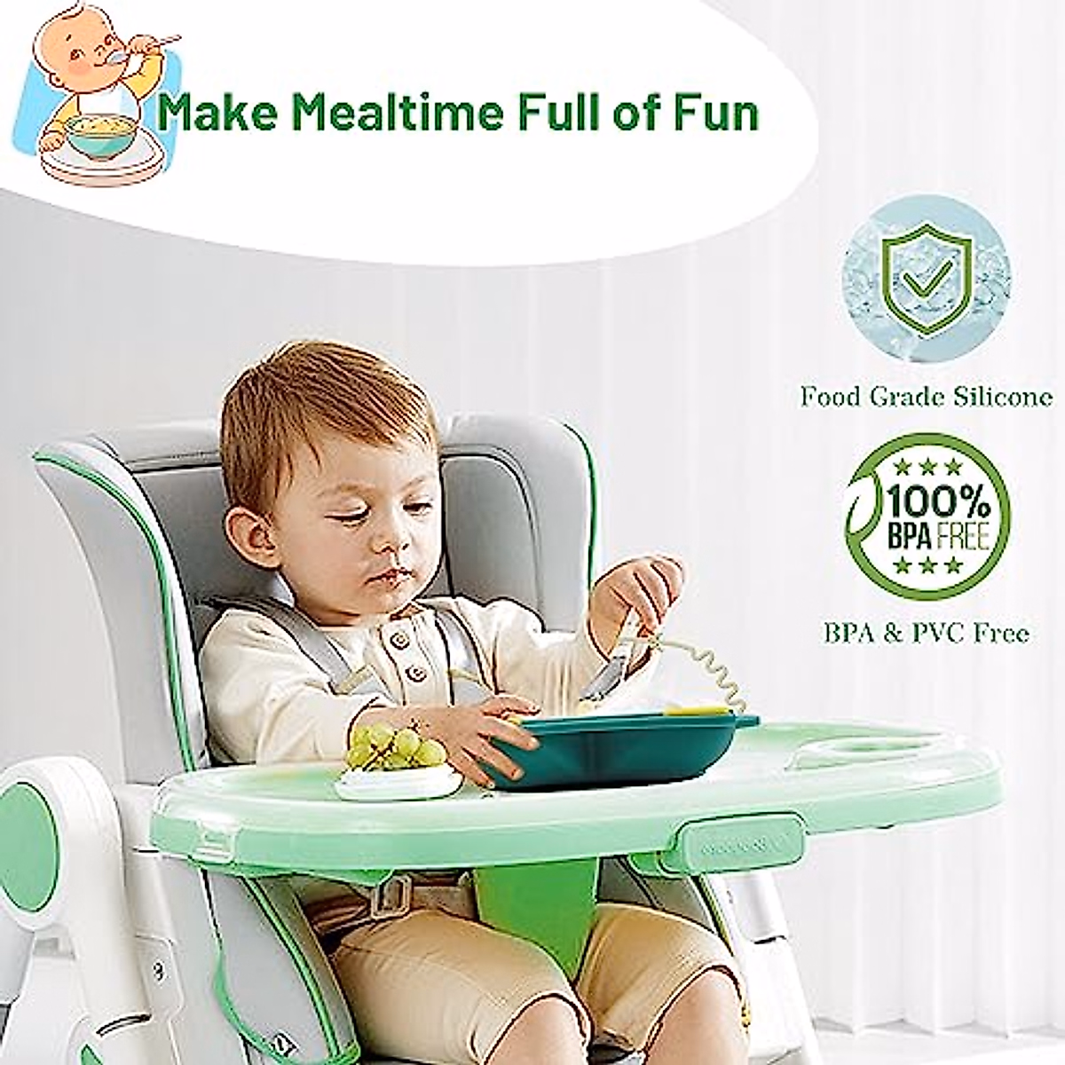 Silicone Suction Plate with 2 Adjustable Straps, Non-slip Divided Kids Plate Set for Baby Toddlers, Dishwasher Safe (Owl, Green)