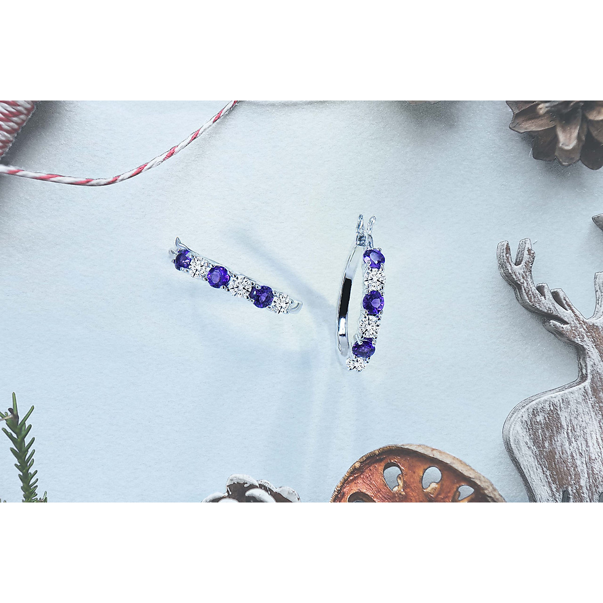 Tirafina Amethyst and Lab-Created White Sapphire Hoop Earrings, Alternating Stones, Birthstone Jewelry, Sterling Silver (3mm Stone)