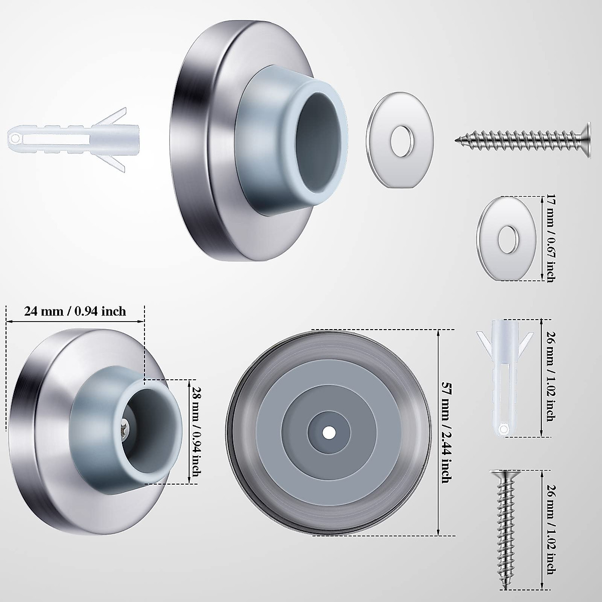 Pangda Concave Wall Door Bumper Stop Silver Stainless Steel Wall Door Bumper with 1-1/8 Inch Gray Round Rubber Bumper Wall Protector Door Stops (Silver,6 Pieces)
