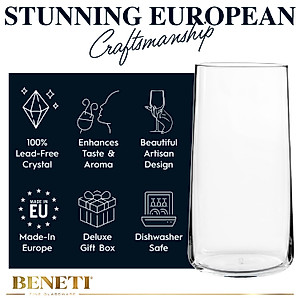 BENETI Modern Crystal Glass Cups, Tall Highball Drinking Glasses Set of 4 | Made in Europe | Water and Juice Kitchen Glassware (18 Onces)