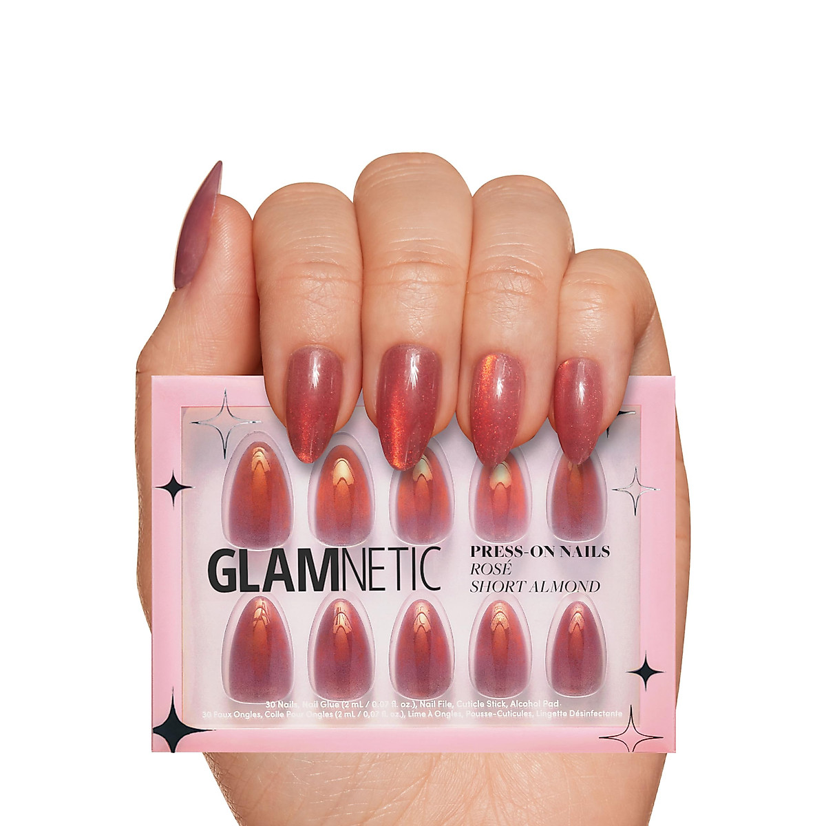 Glamnetic Press On Nails - Rose | Short Almond Rosy-Pink Nails with a Mesmerizing Metallic Finish | 15 Sizes - 30 Nail Kit with Glue