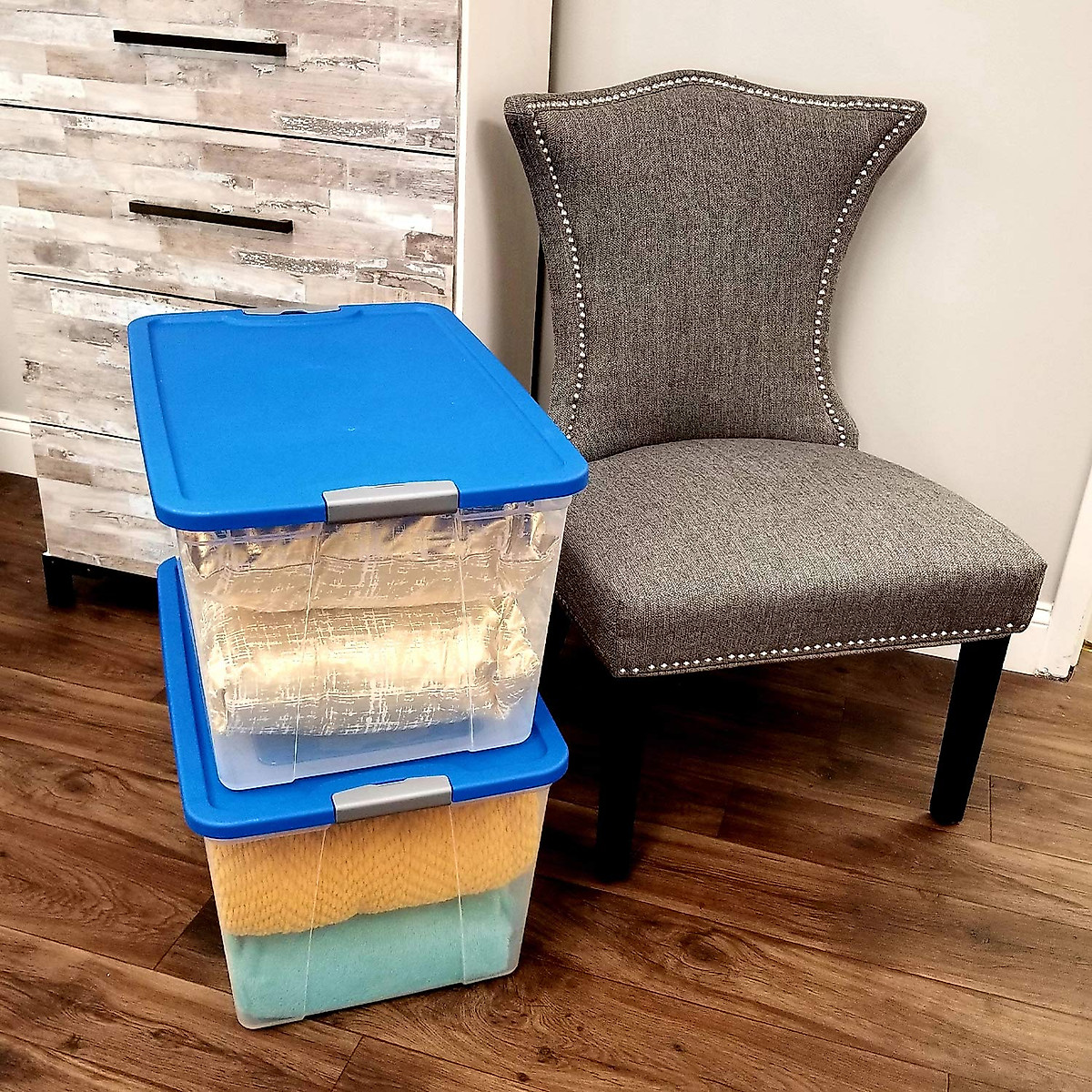 HOMZ X Large 64 Quart Clear Plastic Storage Container with Lid, Snaplock Blue Lid and Grey Latches, 3 Pack