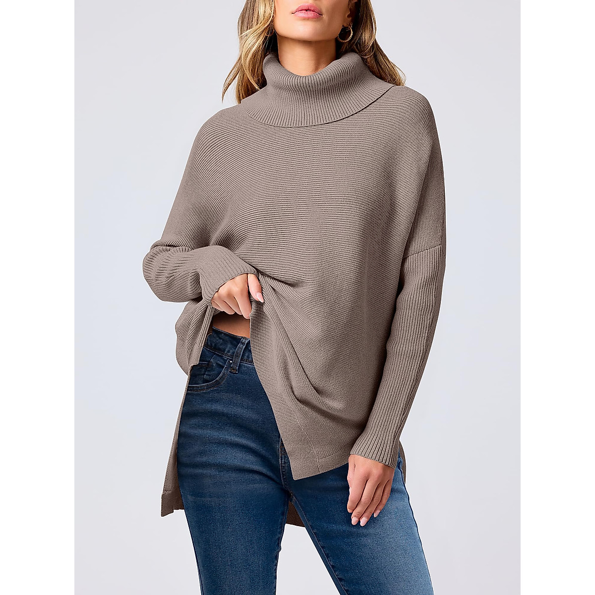 ANRABESS Women's Oversized Turtleneck Batwing Sleeve Spilt Casual Loose Knit Tunic Pullover Sweater Tops 2025 Fall Outfits Brown Small