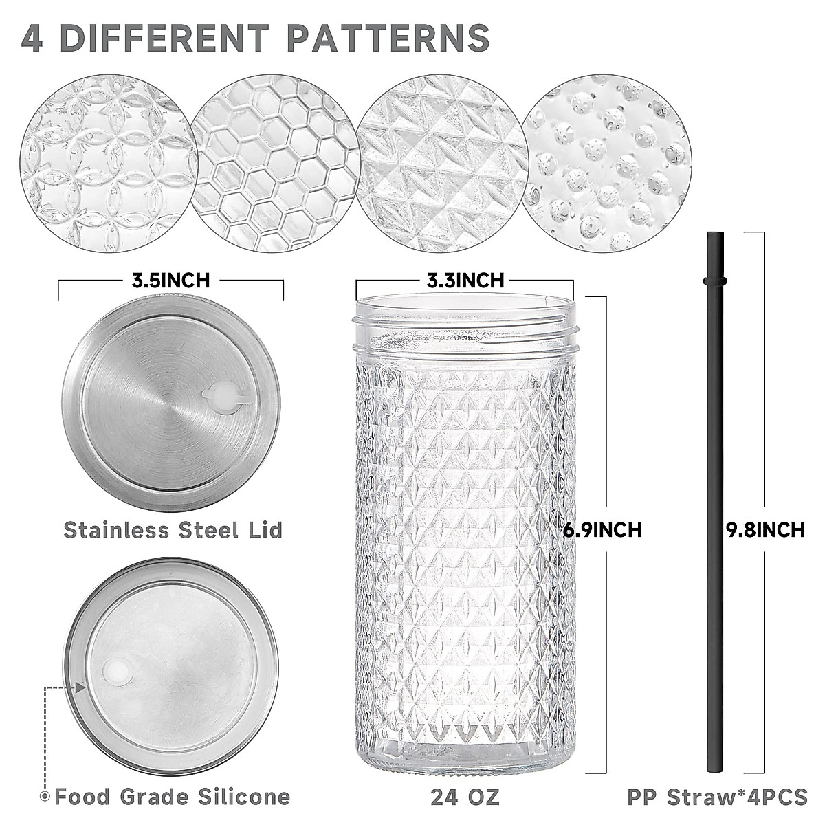 4Pack Glass Tumblers with Stainless Steel Lids and Straws, 24 OZ Wide Mouth Mason Jar Drinking Glasses for Iced Coffee/Tea, Juices and Cocktail, Travel Glass Bottles with Varitey of Patterns