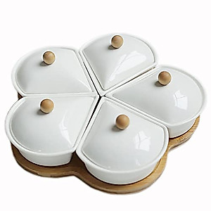 WMM 11 Inch Ceramic Divided Serving Dishes with Bamboo Tray and Lids, 5 Removable Snack Bowls Relish Tray for Candy, Nut, Fruits, Chips and Dip
