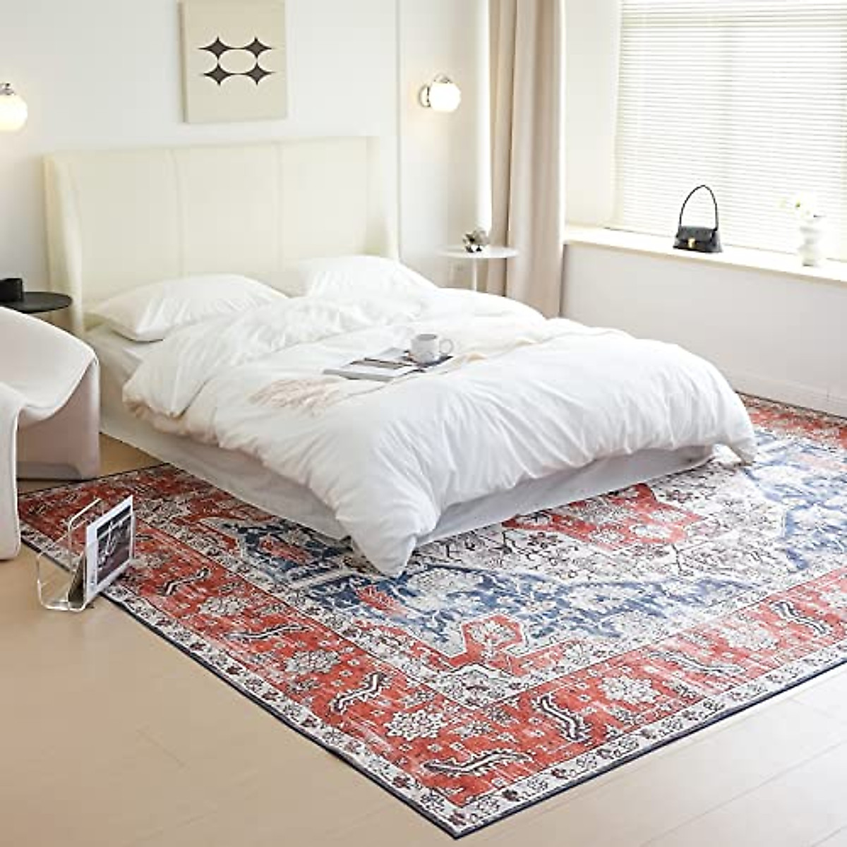 VK Living Washable Rug, 9'x12' Stain Resistant Washable Rug,Machine Washable Rug with Non-Slip,Vintage Bohemian Area Rug for Living Room Bedroom Dining Home Office Area Rug (Red, 9'x12')