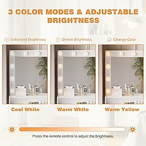 YESHOMY Vanity Desk with Mirror, Power Outlet and 10 Lights, Makeup Table with 4 Drawers, 3 Color Modes Available for Bedroom, White