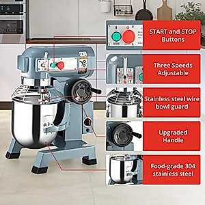 PioneerWorks Commercial Food Mixer,10Qt 3 Speed with Stainless Steel Bowl, Dough Hooks, Whisk Beater,Stand Mixer With Safety Guard 450W,110V for Restaurant, Bakeries,Commercial Kitchen