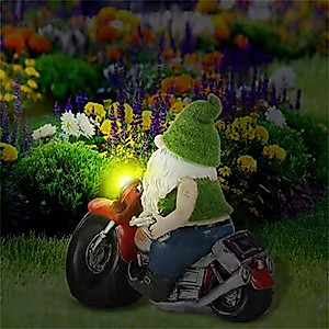 MACANIACE Garden gnome Riding a Motorcycle Statue Large & Interesting Outdoor Statuette with Solar LED Lights Creative Decorations Suitable for Lawn Terrace Autumn (12.2x4.7x10.8 in)