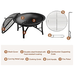 Fire Beauty Fire Pit for Outside Wood Burning Firepit BBQ Grill Steel Fire Bowl with Spark Screen Cover, Log Grate, Poker for Camping Beach Bonfire Picnic Backyard Garden