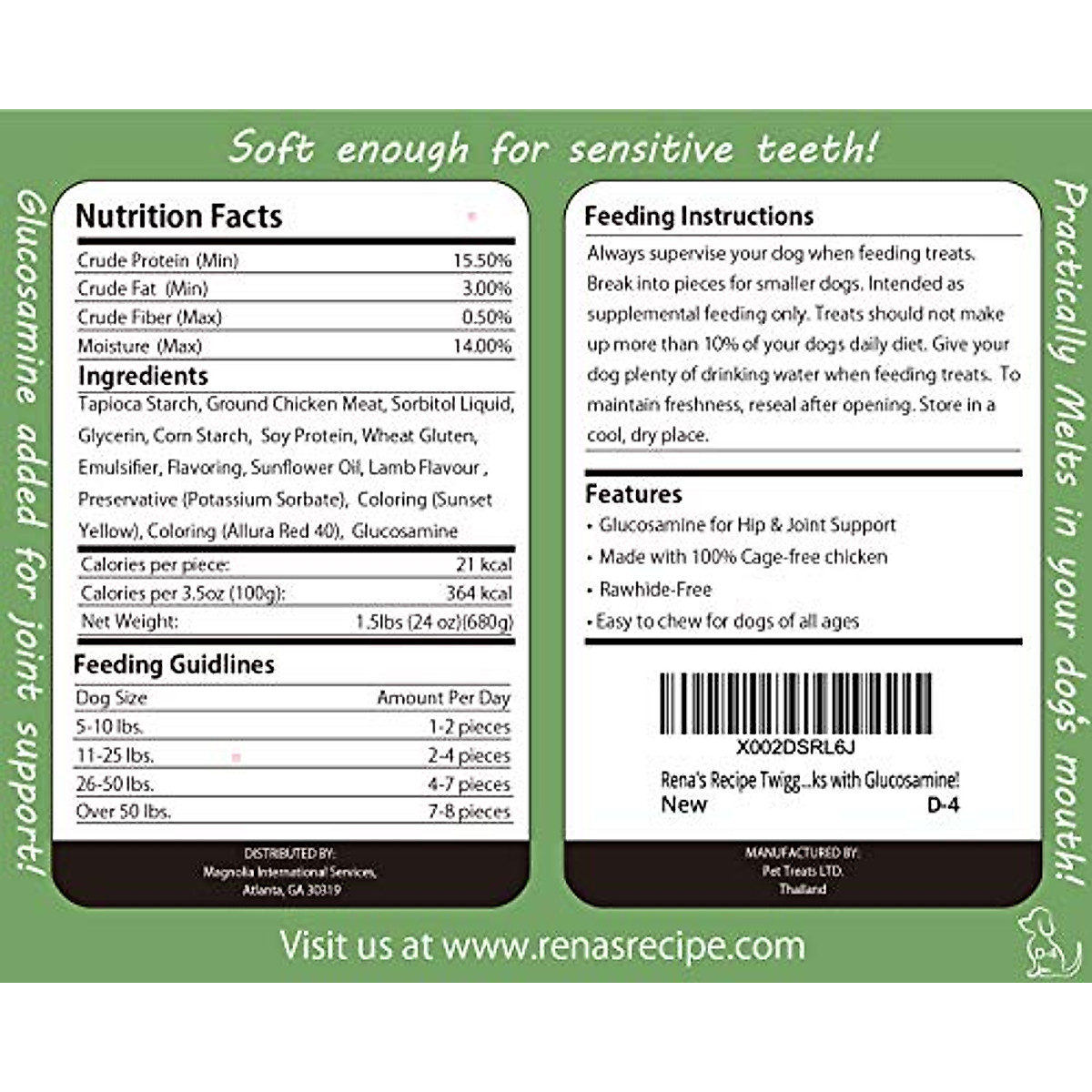 Rena's Recipe Twiggly Chicken Sticks (24oz /1.5lbs) Big Pack (Around 100 Pieces) - Rawhide Free Soft Chicken Jerky Sticks with Glucosamine!