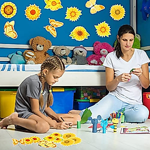 Summer Sunflower Cutouts, BENBO 45Pcs Spring Sunflower Wall Decals Butterfly Gerbera Daisy Bulletin Board Decoration Springtime Flower Cutouts with Glue Point Dots for Classroom School Birthday Party