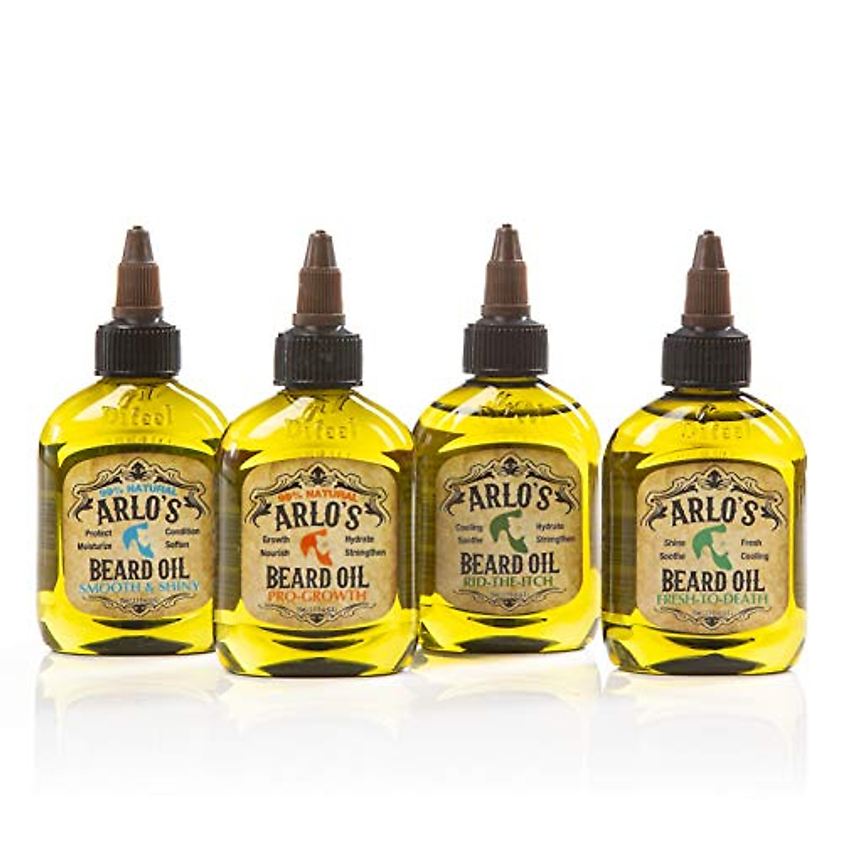 Arlo's Beard Care 4 Piece Beard Oil Set - Smooth & Shiny Beard Oil 2.5 ounce, Pro-Growth Beard Oil 2.5 ounce, Rid-The-Itch Beard Oil 2.5 ounce & Fresh To Death Beard Oil 2.5 ounce