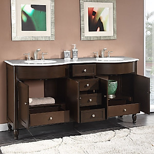 Silkroad Exclusive HYP-0717-WM-UWC-72 Marble Top Double Sink Bathroom Vanity with Dark Walnut Finish Cabinet, 72", Dark Wood