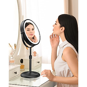 Benbilry Lighted Makeup Mirror with 10X Magnification & 3 Color Lights, Adjustable Brightness & Height, 7 Inch 360° Swivel Rechargeable LED Magnifying Make Up Mirror with Lighting (Black)