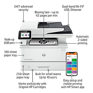 HP Laserjet Pro MFP 4101fdwe Wireless Black & White Printer, Print scan Copy fax, Auto 2-Sided Printing, 42 ppm, 512 MB, Smart Office Features and Fax, Bundle with JAWFOAL Printer Cable