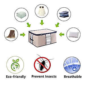 LONGTEAM 2PCS Oxford Comforter Storage Bags Home Pillow Beddings Blanket Clothes Breathable Organizers with Zippers, Clear Windows and Carry Handles (Beige, 2 Packs)