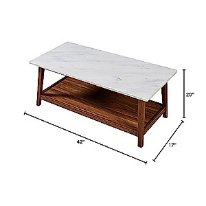 Teamson Home Kingston Coffee Table with Storage Space, 42" x 20" x 17", Faux Marble/Walnut