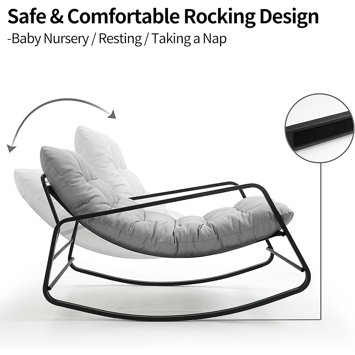 WQSLHX Oversized Patio Rocking Chair with Cushion, Indoor Metal Lounge Rocker Chair, Outdoor Lazy Chair for Front Porch, Garden, Backyard, Lawn, Gray