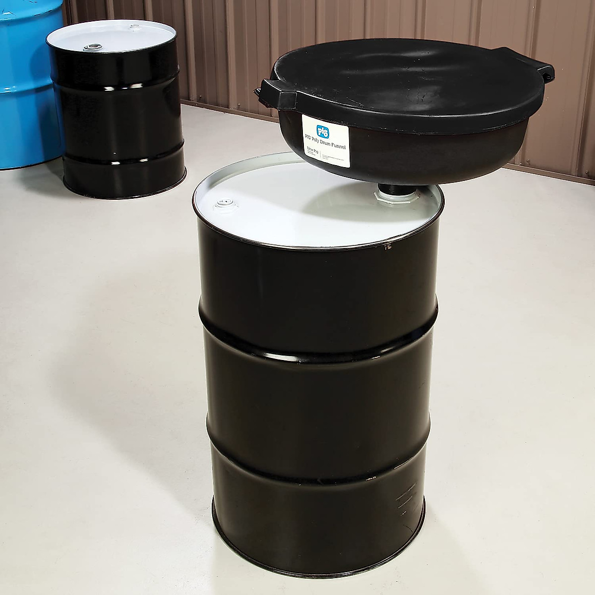 PIG Drum Funnel - Burpless Large Poly Drum Funnel - For 30 and 55 gal Steel or Poly Drums w/ 2" NPT - Black - DRM138-BK