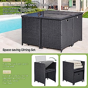 Yaheetech 9-Piece Patio Dining Sets Outdoor Space Saving Rattan Chairs with Glass Table, Wicker Patio Furniture Sets Outdoor Sectional Conversation Set with Removeable Cushions, Black