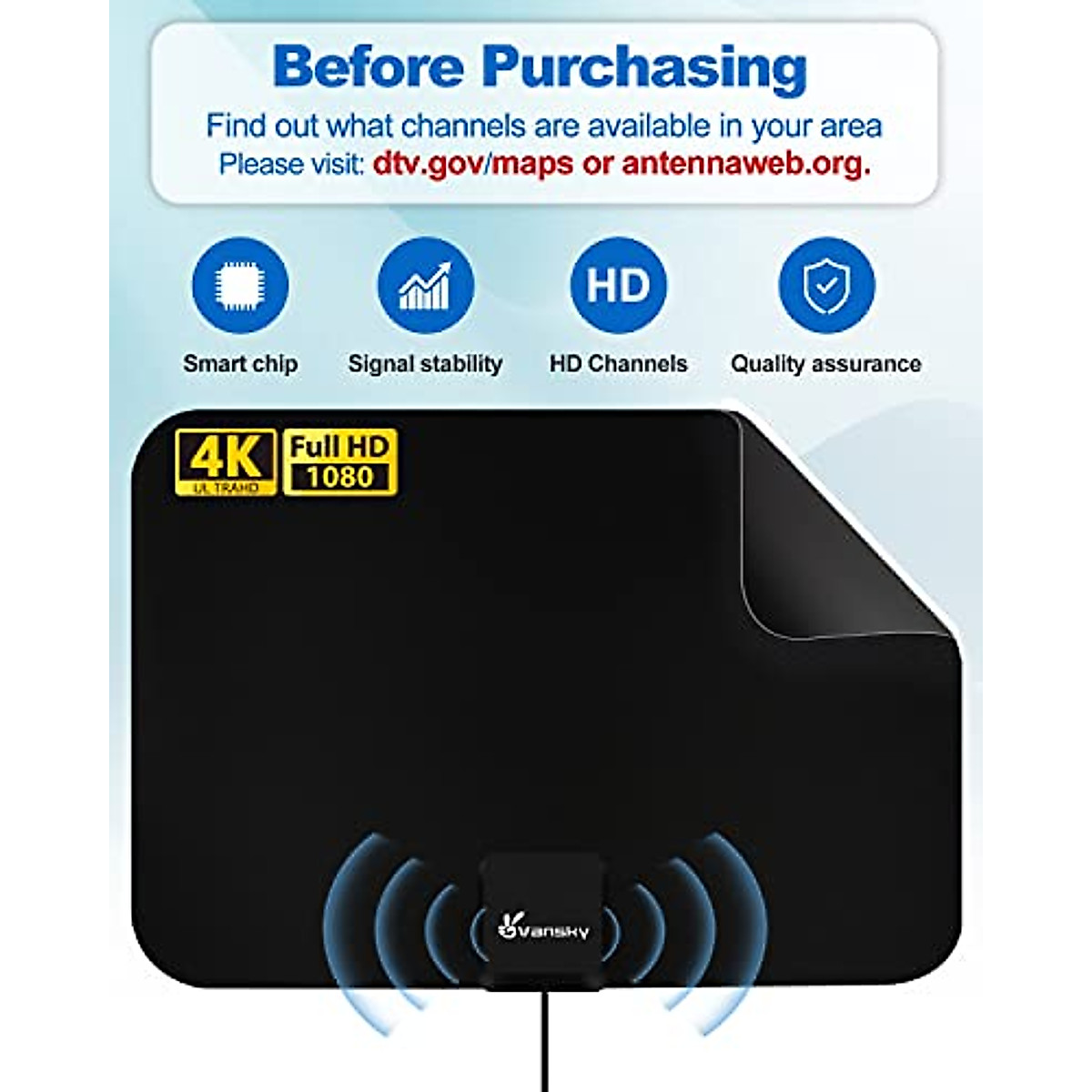 TV Antenna Indoor, Digital Amplified Indoor HDTV Antenna, 1080p VHF UHF Television Local Channels Detachable Signal Amplifier and 16.5ft Long Coax Cable