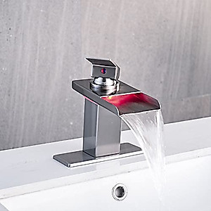 AVSIILE LED Bathroom Sink Faucet, Brushed Nickel Waterfall Single Hole Handle RV Bath Vanity Faucets for Sinks 1 Hole with Metal Pop Up Drain and 2 Water Supply Lines, Stainless Steel Spout