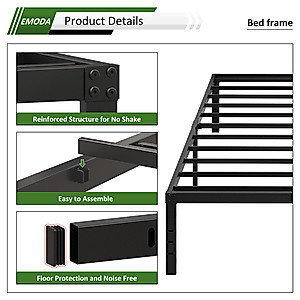 EMODA 18 Inch Twin Bed Frame No Box Spring Needed, Heavy Duty Tall Metal Twin Platform Bed Frames with Large Storage Space, Noise Free, Easy Assembly, Black