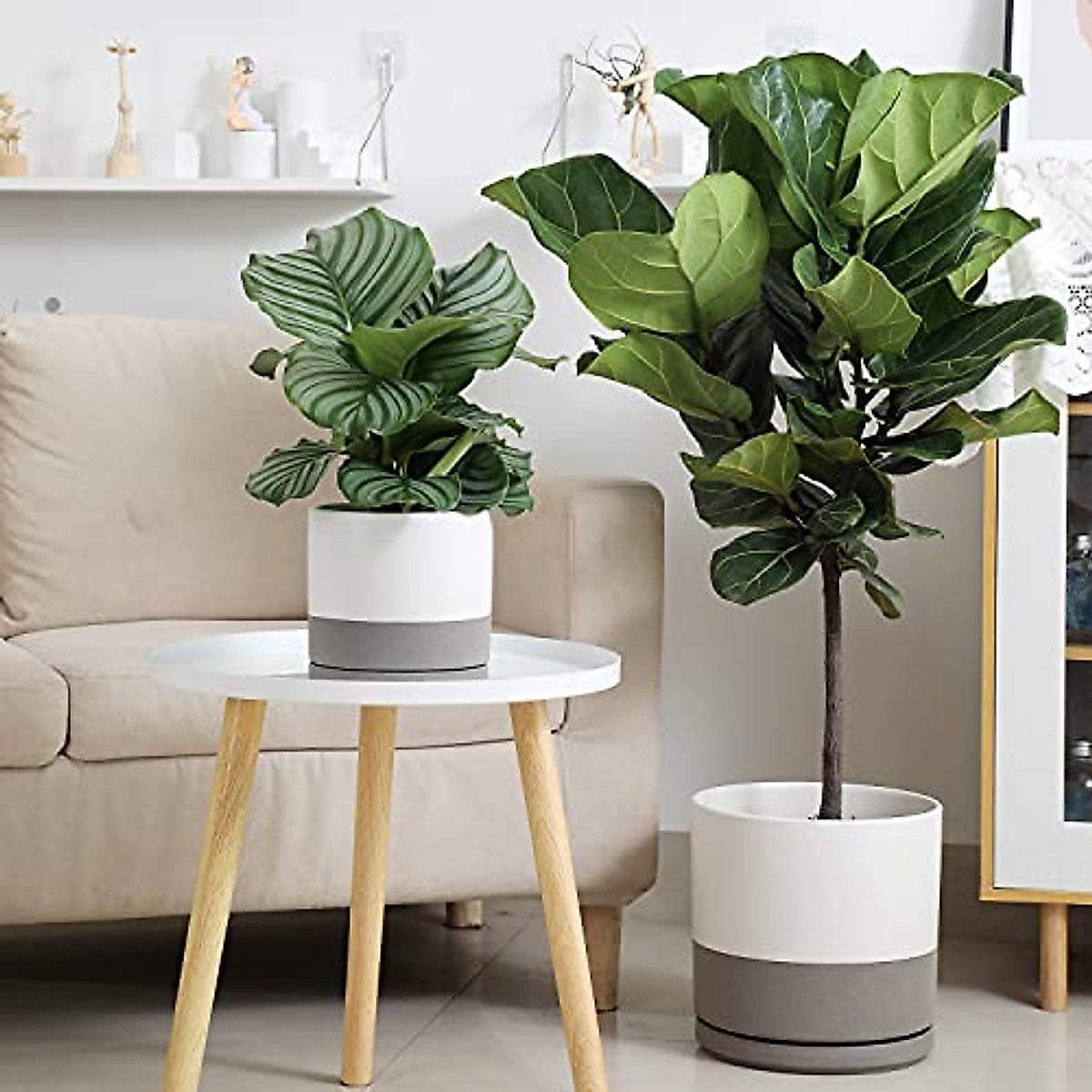 UMIAMOY 6inch Modern Cylinder Matte Ceramic Planter Pot with Drainage Hole and Saucer, Planter Pot for Indoor Outdoor Plants Flowers, White/Gray