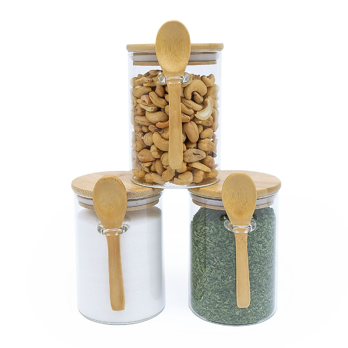 Set of 3 Airtight Glass Jars with Bamboo Lids & Bamboo Spoons - Decorative & Durable 17-Oz Borosilicate Glass Canisters Hold Coffee Beans, Tea, Flour, Sugar, Nuts, Candy, Bath Salts & More