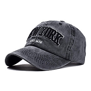 Baseball Hat New-York Distressed-Adjustable-Strapback - Washed Twill Dad Hat Unisex Black
