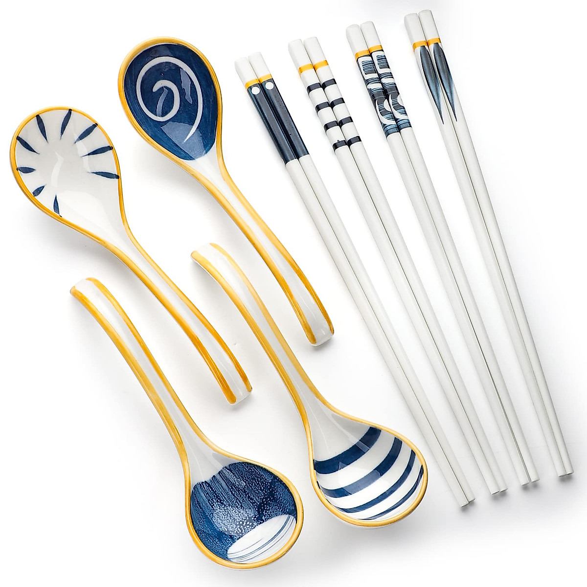 Spoon and Chopsticks Set Ceramic Chopsticks Spoon Set of 4 Asian Soup Spoon and Chopsticks Long Handle Spoon Chopstick for Home Kitchen Restaurant (Model 1#)