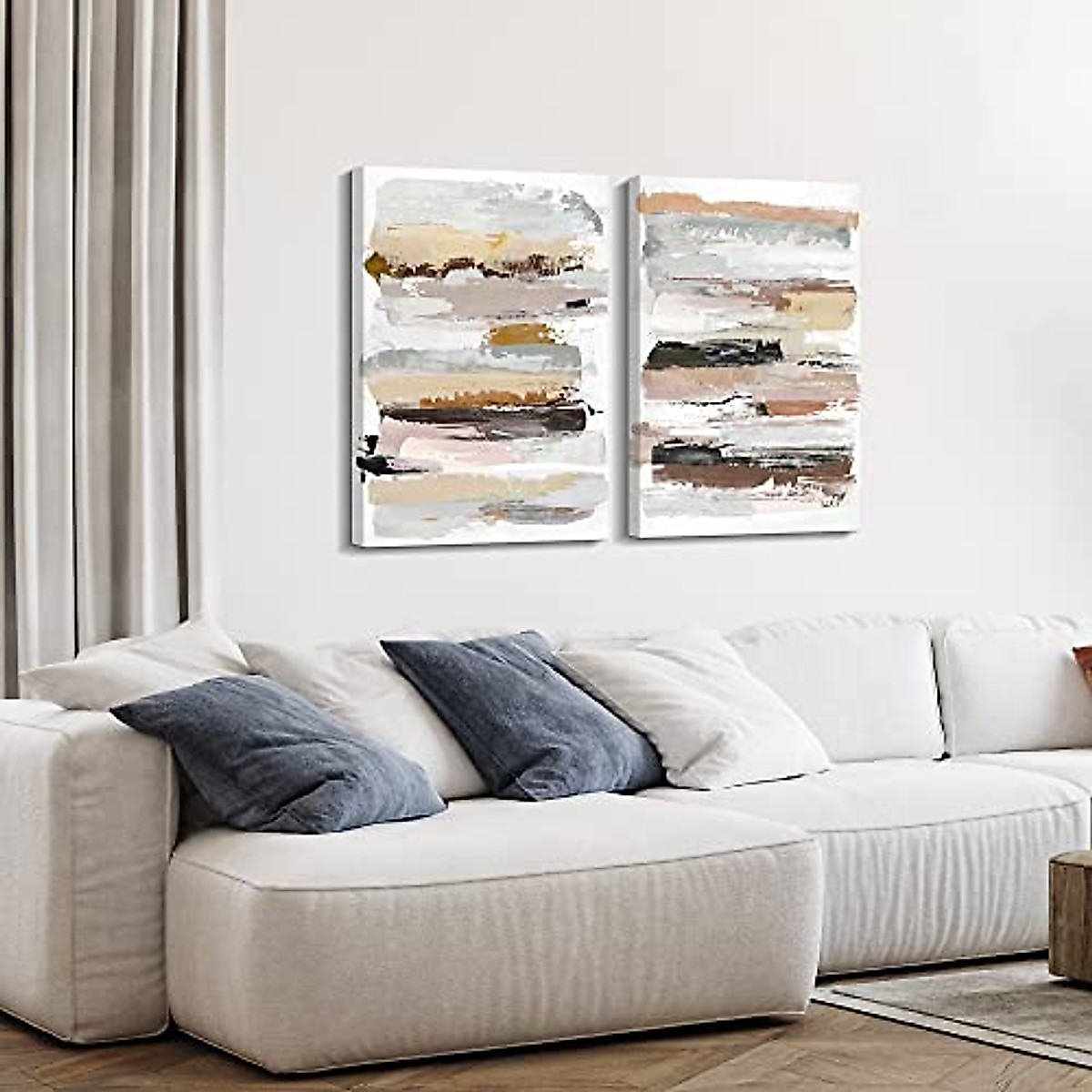 Kas Home 2 Panels Abstract Canvas Wall Art Grey Brown 3D Textured Paintings Wall Decor Wooden Framed Pictures Artwork for Living Room Bathroom Bedroom Office (White - Abstract, 12 x 15 inch x 2)