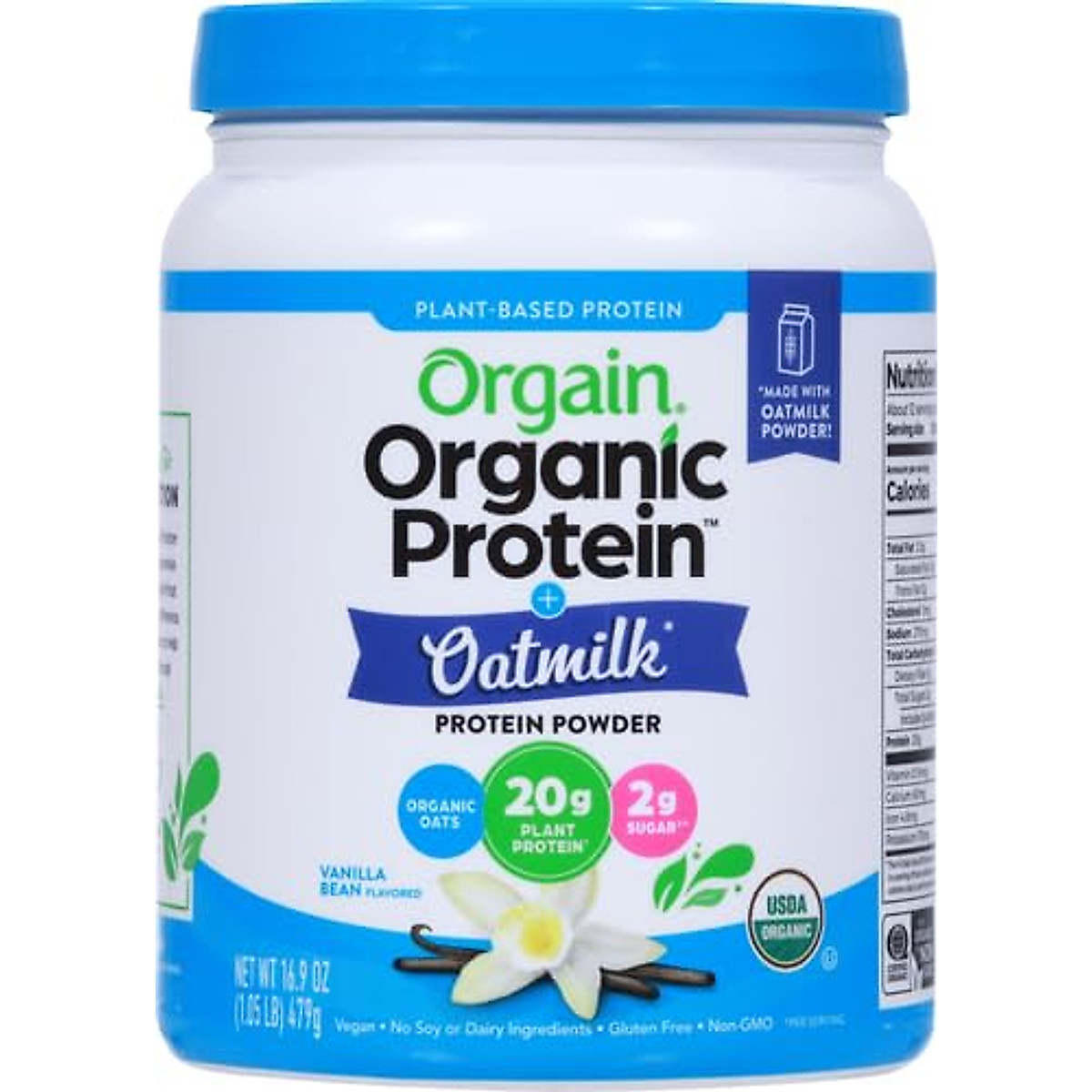 Orgain Organic Vegan Protein Powder + Oat Milk, Vanilla Bean - 20g Plant Based Protein, Gluten Free, Soy Free, Low Sugar, Non GMO, Kosher - 1.05lb