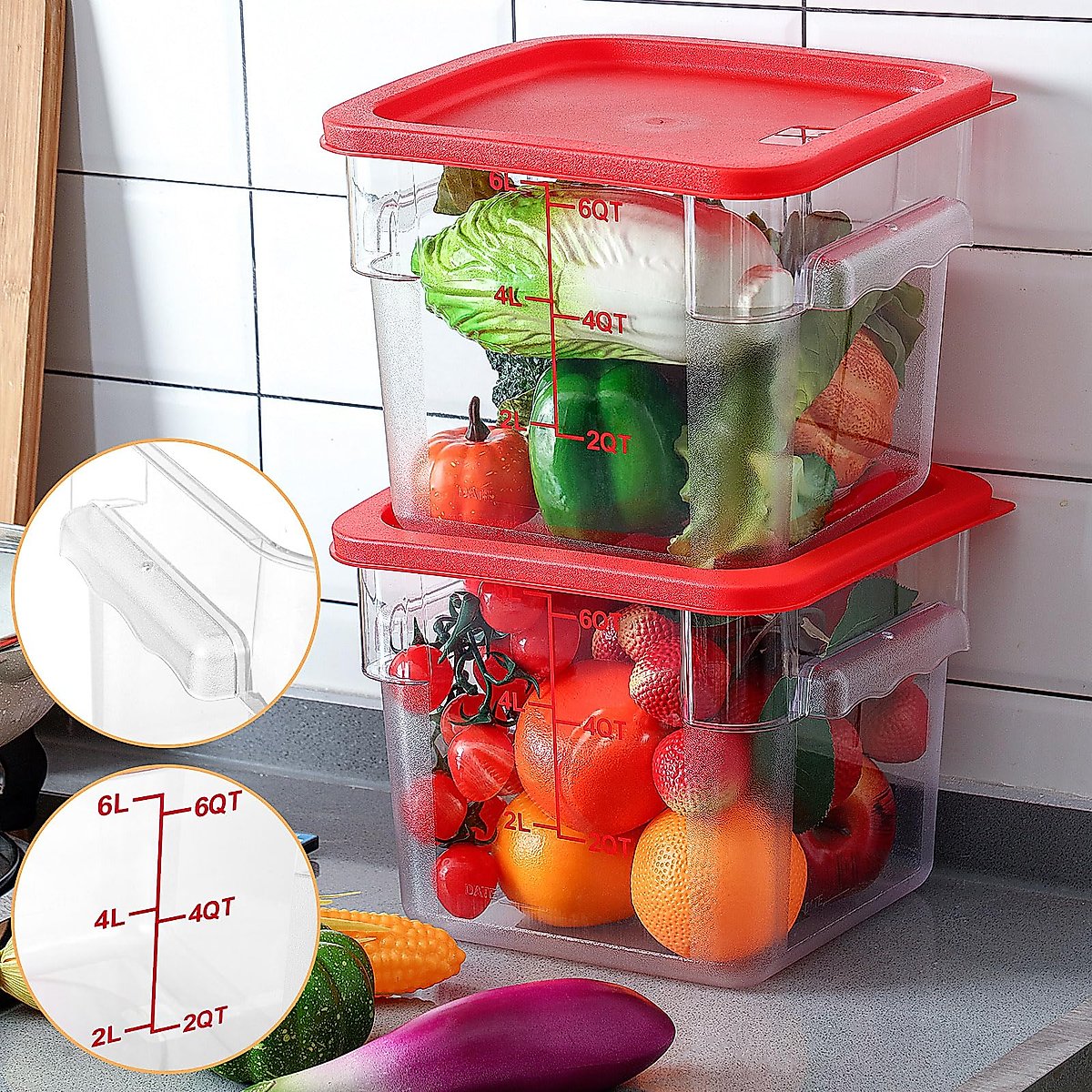 Ziliny 10 Sets 6 Qt Square Food Storage Containers with Lids Commercial Polycarbonate Containers with Scale Clear Airtight Cereal Storage Containers for Pantry Home Restaurant