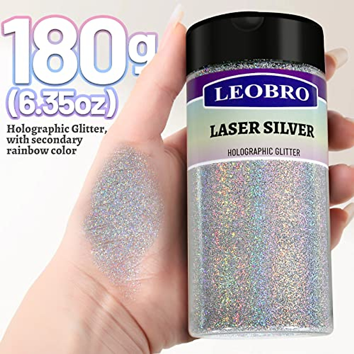 Holographic Ultra Fine Glitter, 180G/6.35OZ Resin Glitter Powder Sequins Flakes, 1/128" Metallic Iridescent Glitter for Resin Tumblers Art Crafts, Hair Face Body Nail Glitter, LEOBRO Silver Glitter